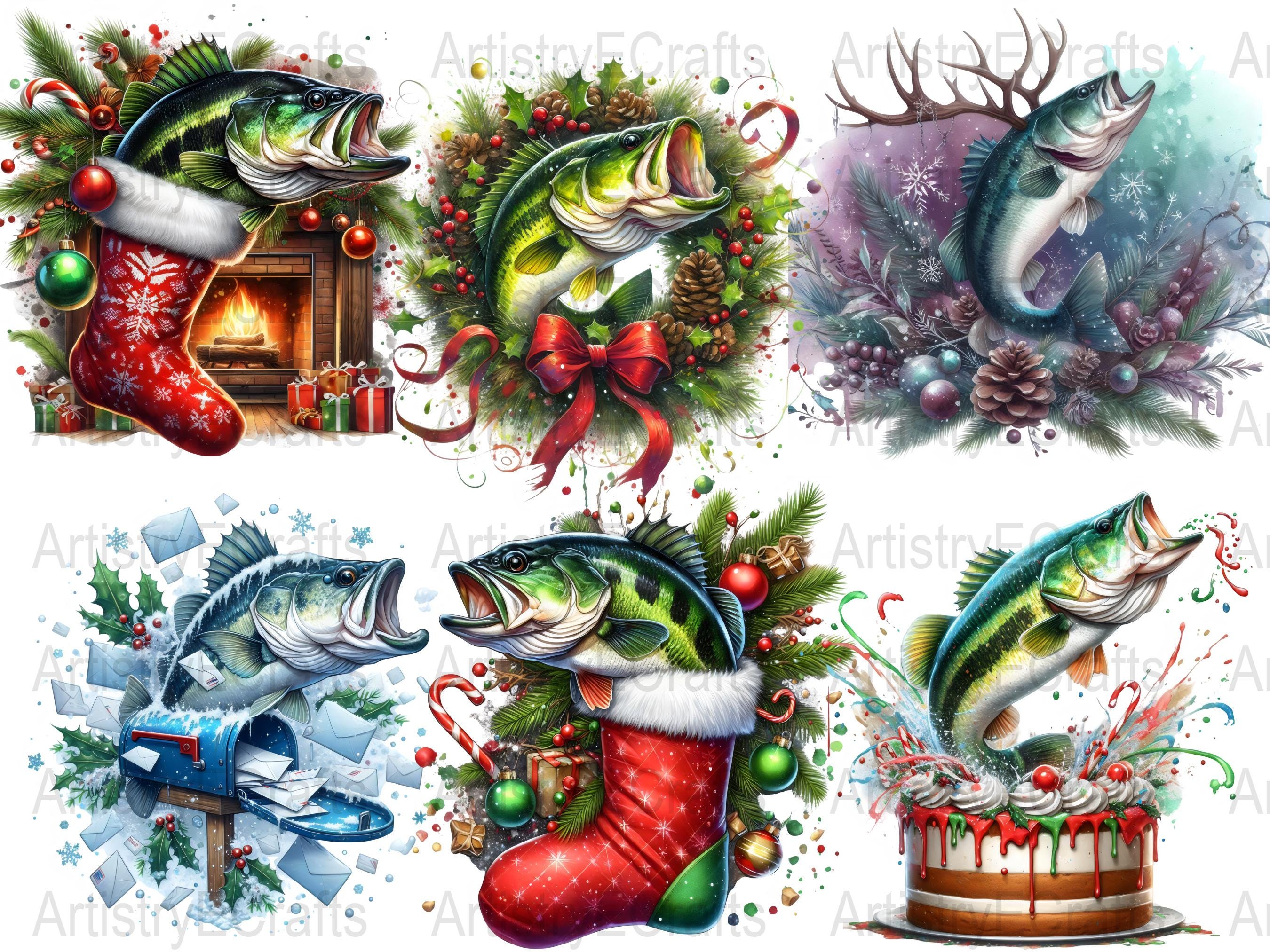 78 Christmas Bass Fish PNG Clipart Bundle, Festive Fishing Watercolor ...