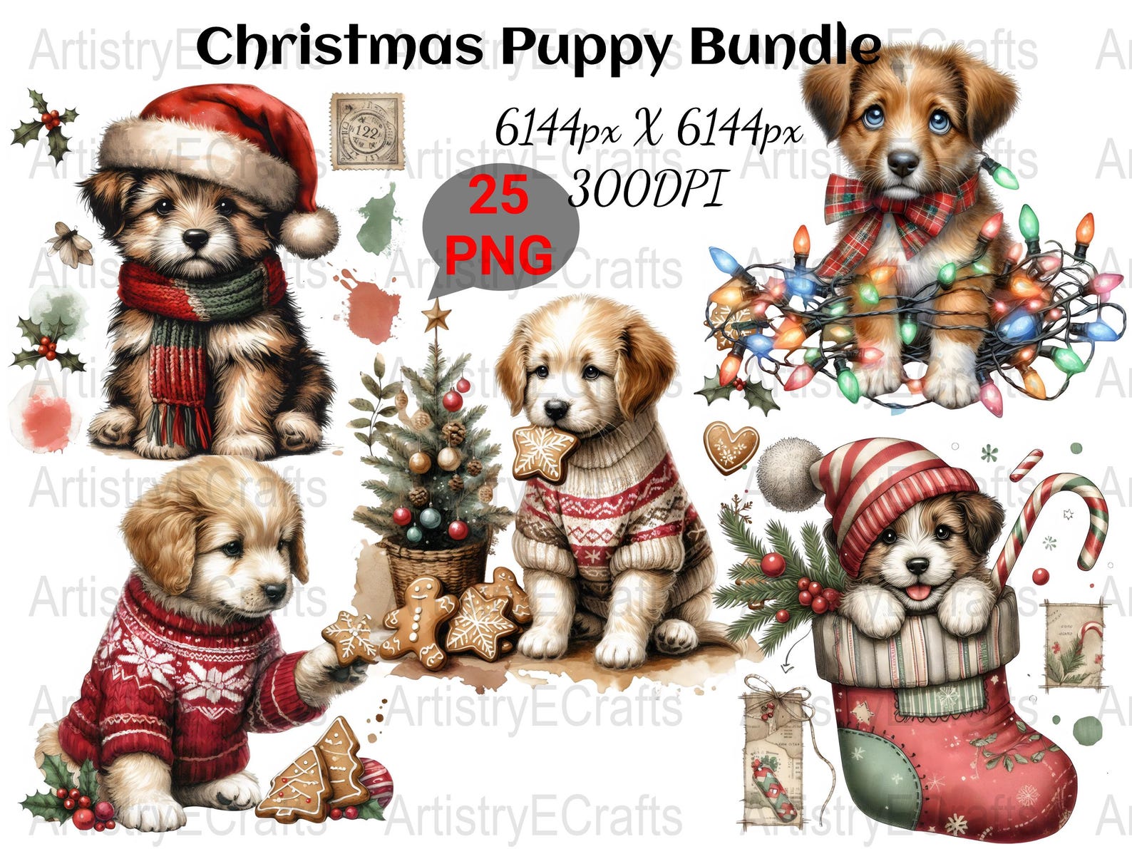 25 Christmas Puppy Clipart Bundle, Cute Holiday Dog PNG, Festive ...