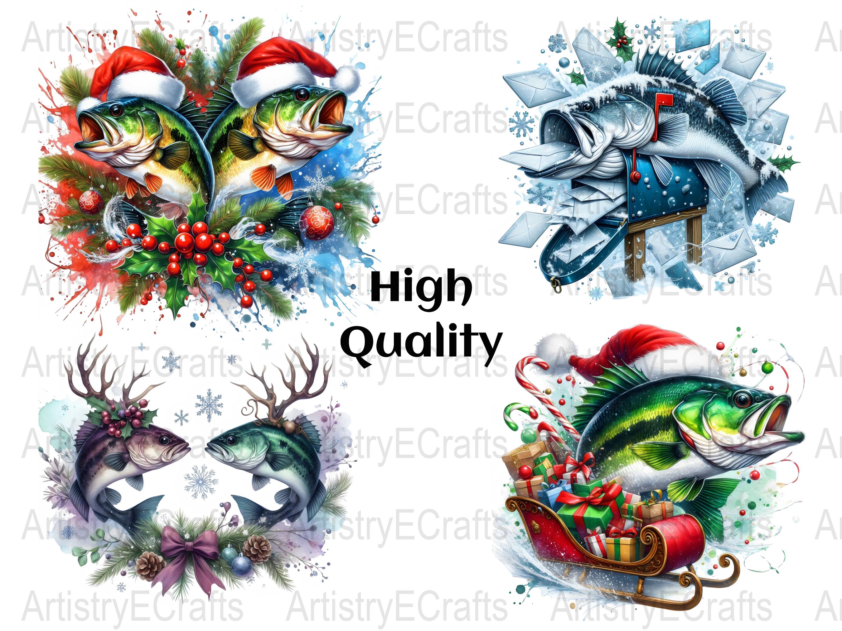 78 Christmas Bass Fish PNG Clipart Bundle, Festive Fishing Watercolor ...