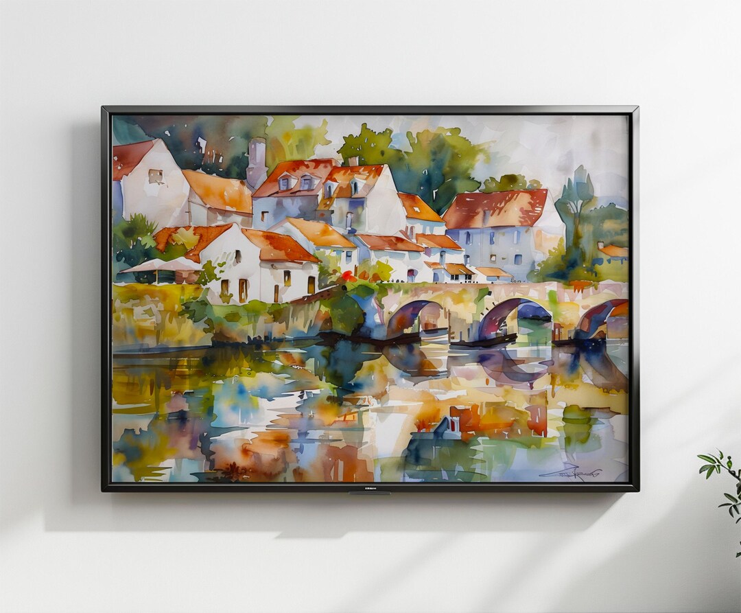 Vintage River Decor, River Village Painting, River Wall Decor, River ...
