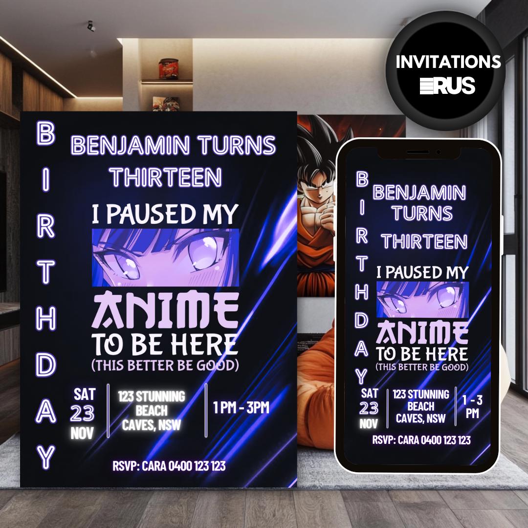 Editable Neon Anime Birthday Invitation, Customisable Invite for Any ...