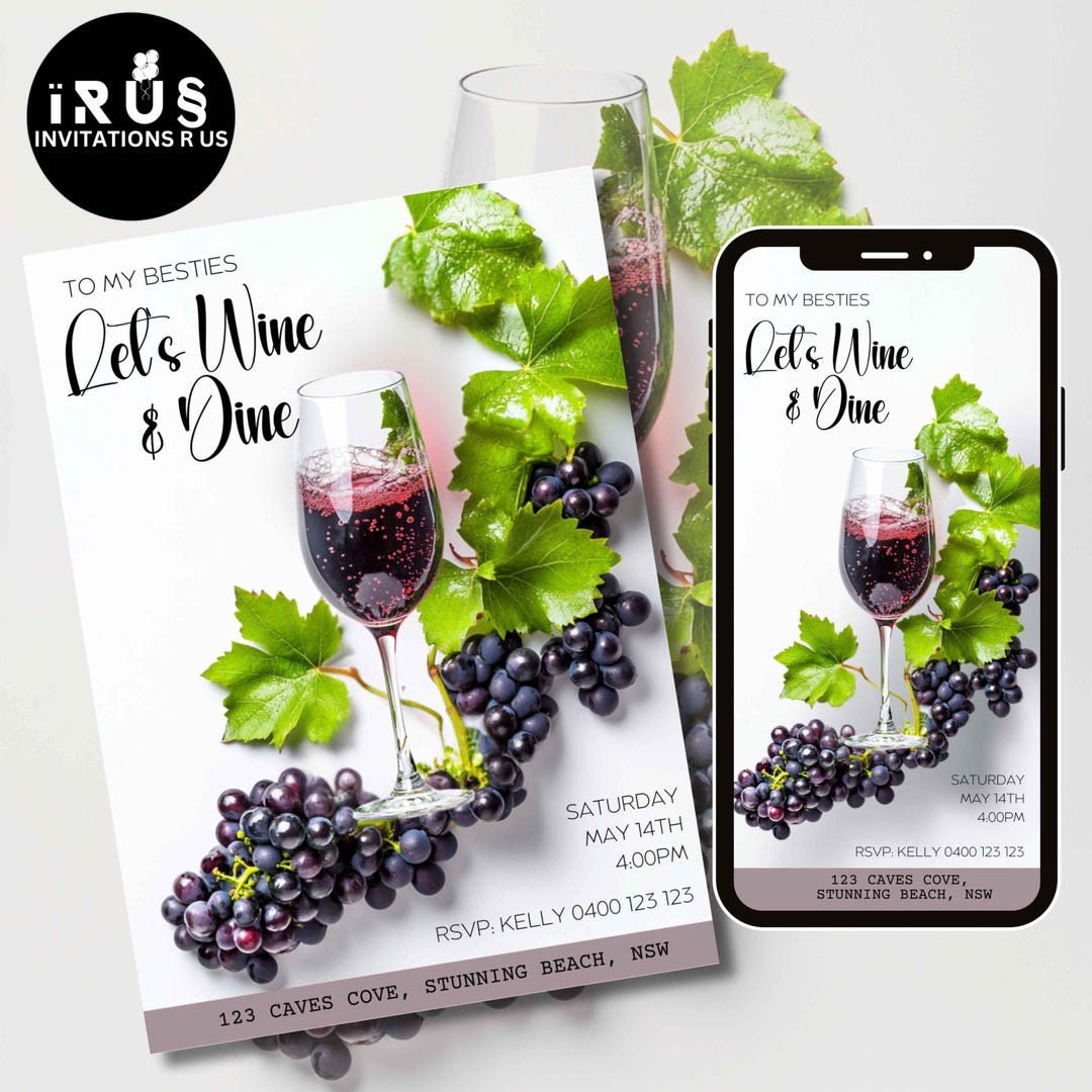 Wine and Dine Birthday Invitation | Girls Night Out Party Invite | Bubbles and Brunch | Red Wine ...