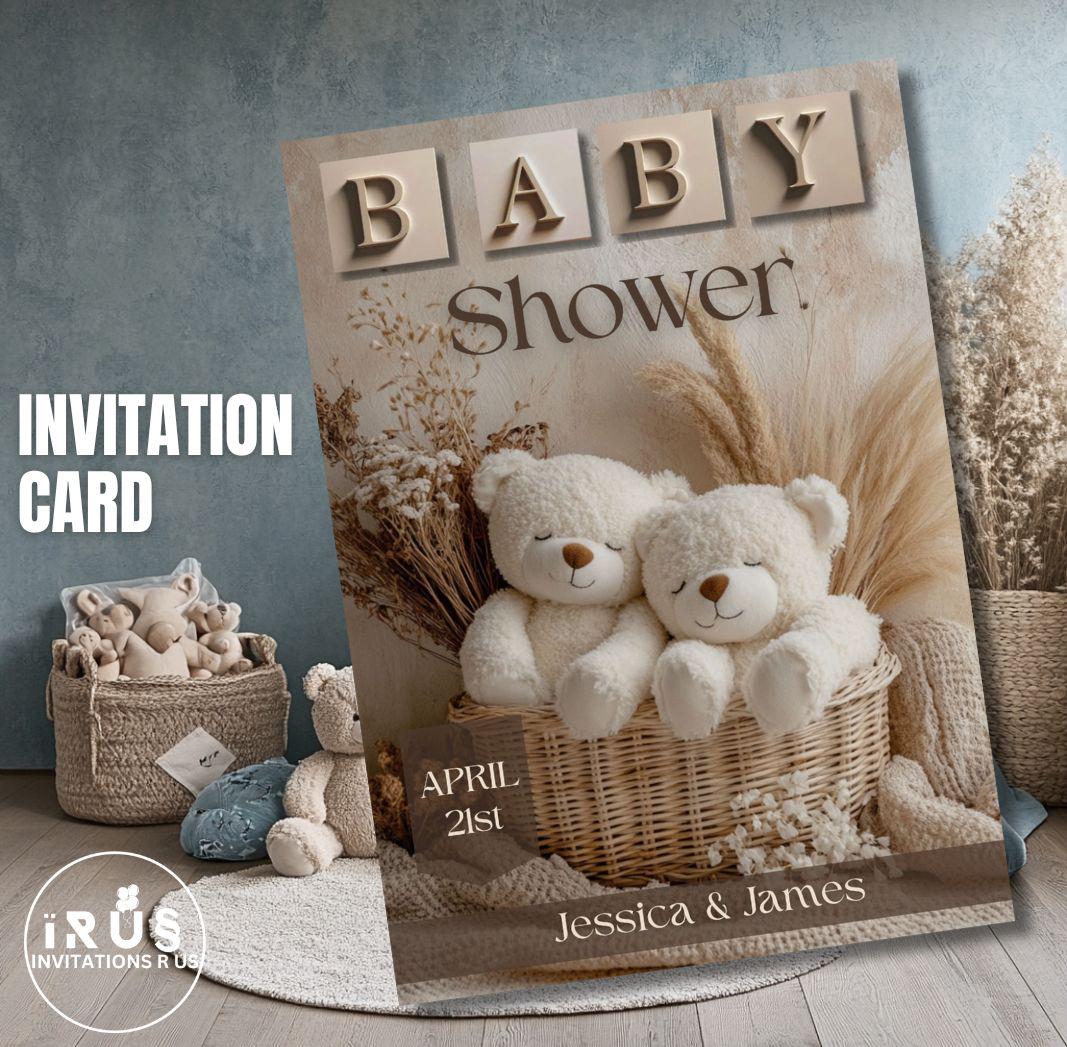 Neutral Beige Boho Twin Baby Shower Invitation | Minimalist Teddy Bear ...