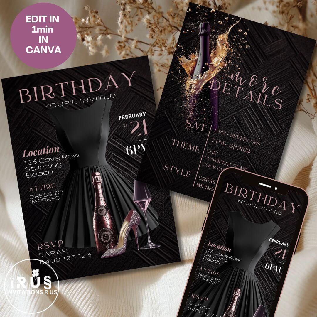 Champagne Birthday Invitation for Women, Customisable Pink & Black ...