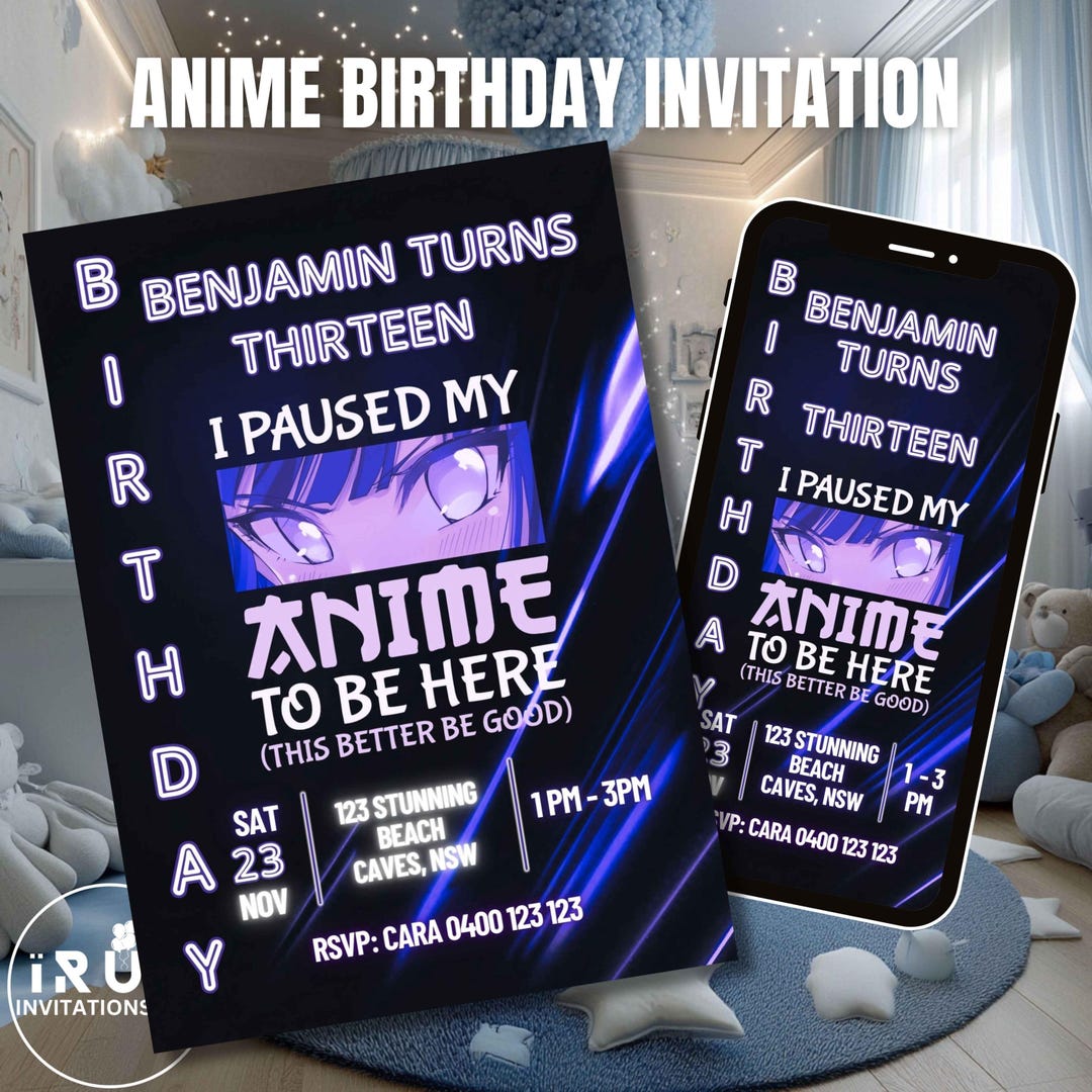 Neon Anime Birthday Party Invitation | Editable Purple Canva Template ...