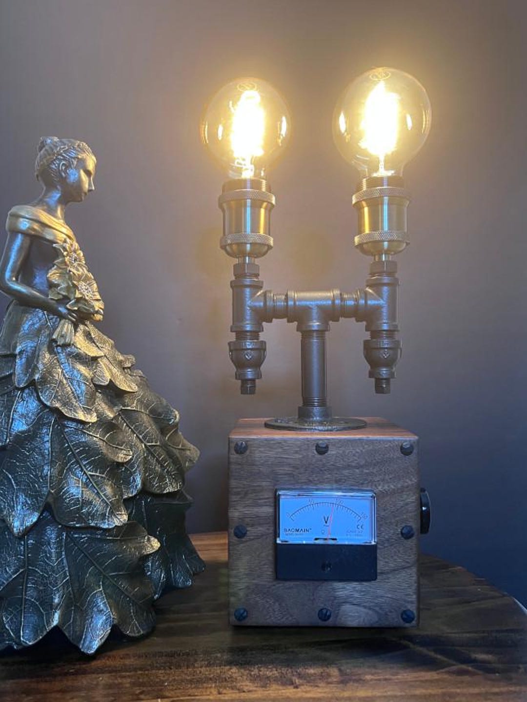 Steampunk Edison Bulb Industrial Twin Bulb Pipe Walnut Table Lamp and ...