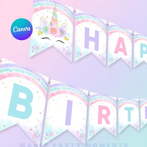 Editable Unicorn Birthday Banner: Pastel Rainbow Party Decor (instant ...