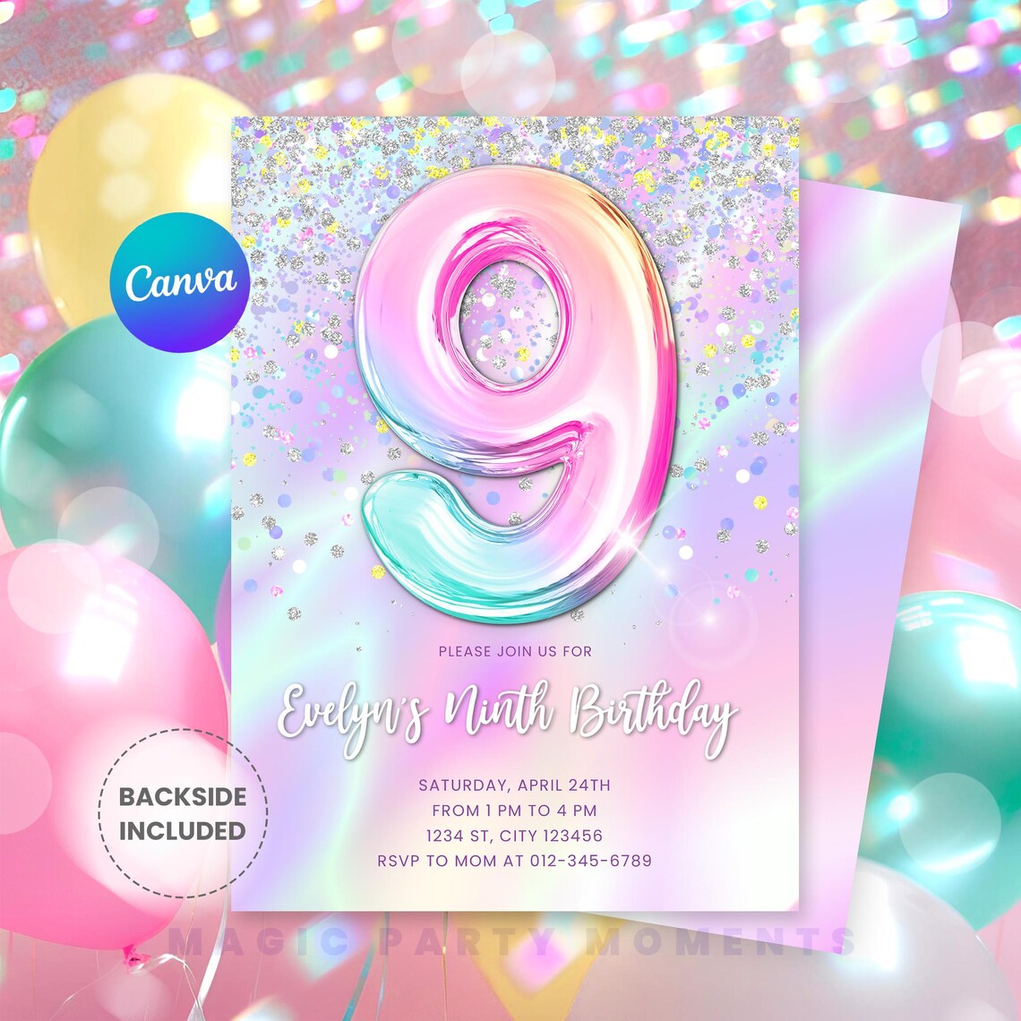 Editable Pink 9th Birthday Invitation – Ninth Glitter Rainbow Foil Girl ...