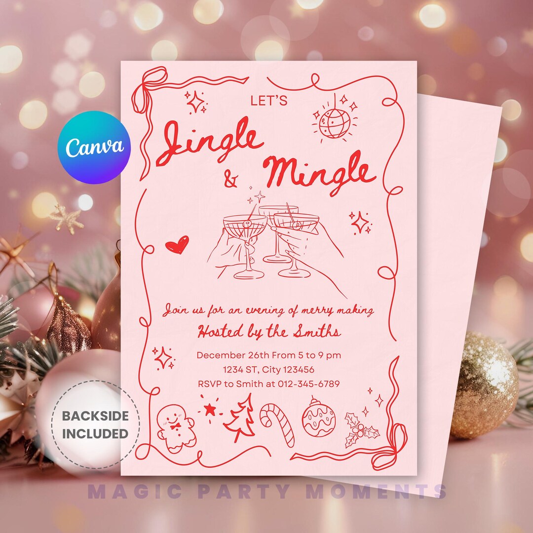 Editable Jingle & Mingle Christmas Party Invitation, Whimsical Hand ...