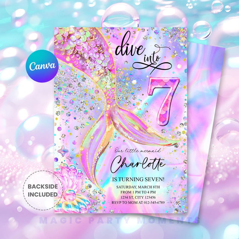 Editable Dive Into Seven 7th Birthday Mermaid Invitation – Pink Purple ...
