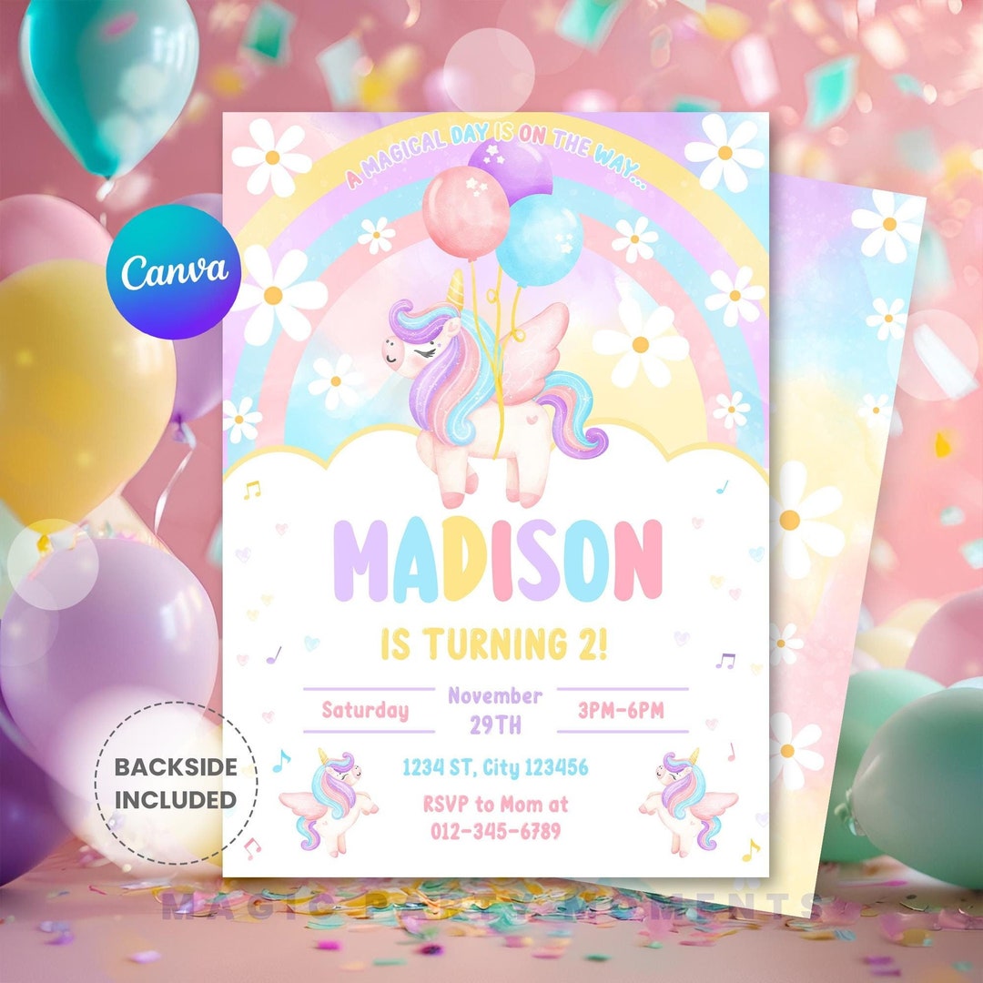 Unicorn Birthday Invitation Template, Rainbow Unicorn Invitation, Daisy ...