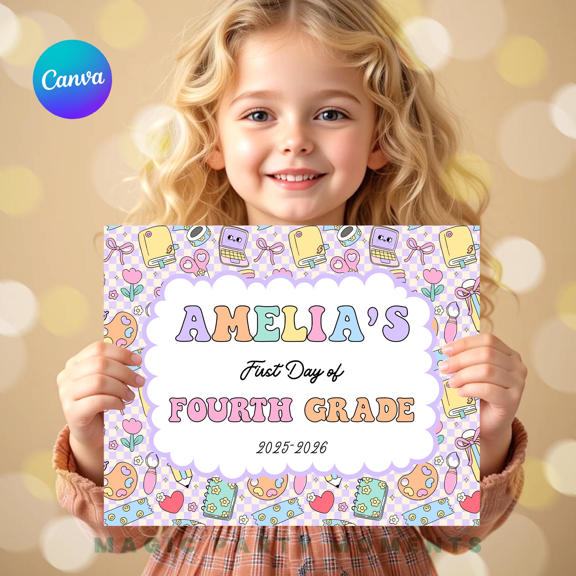 Editable First Day of School Sign: Girl Purple Poster 2025, Any Grade ...