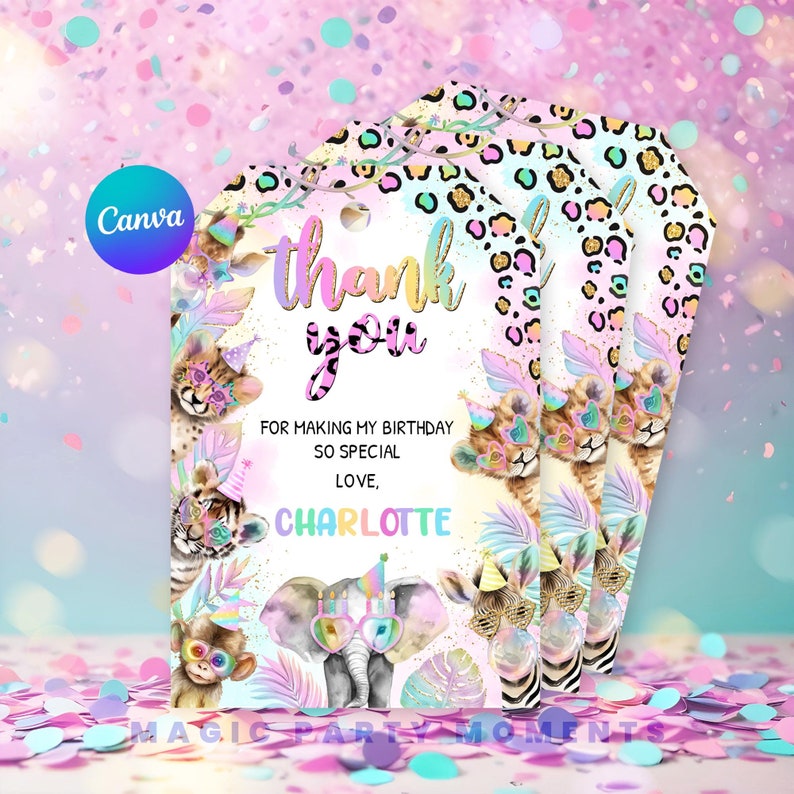 Editable Party Animals Favor Tags – Wild One Safari Zoo Girl Birthday ...