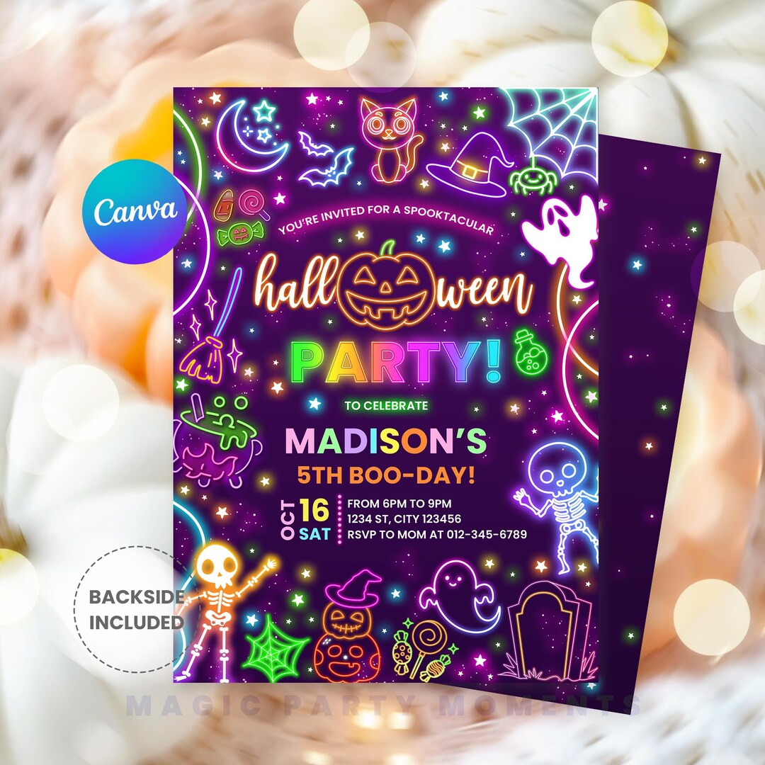 Editable Glow in the Dark Halloween Birthday Invitation – Neon ...