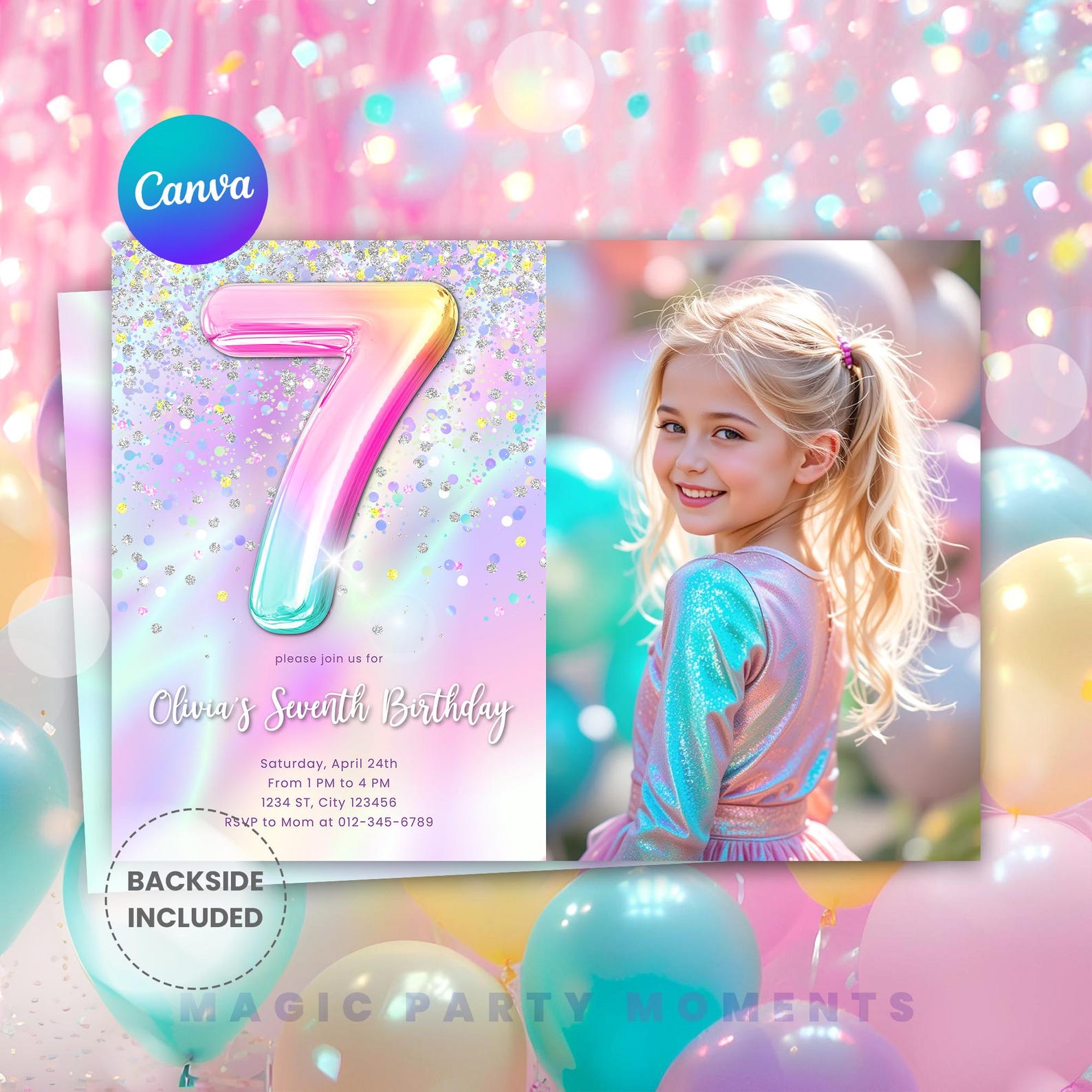 Pink Rainbow 7th Birthday Photo Invitation: Glitter Party (editable ...