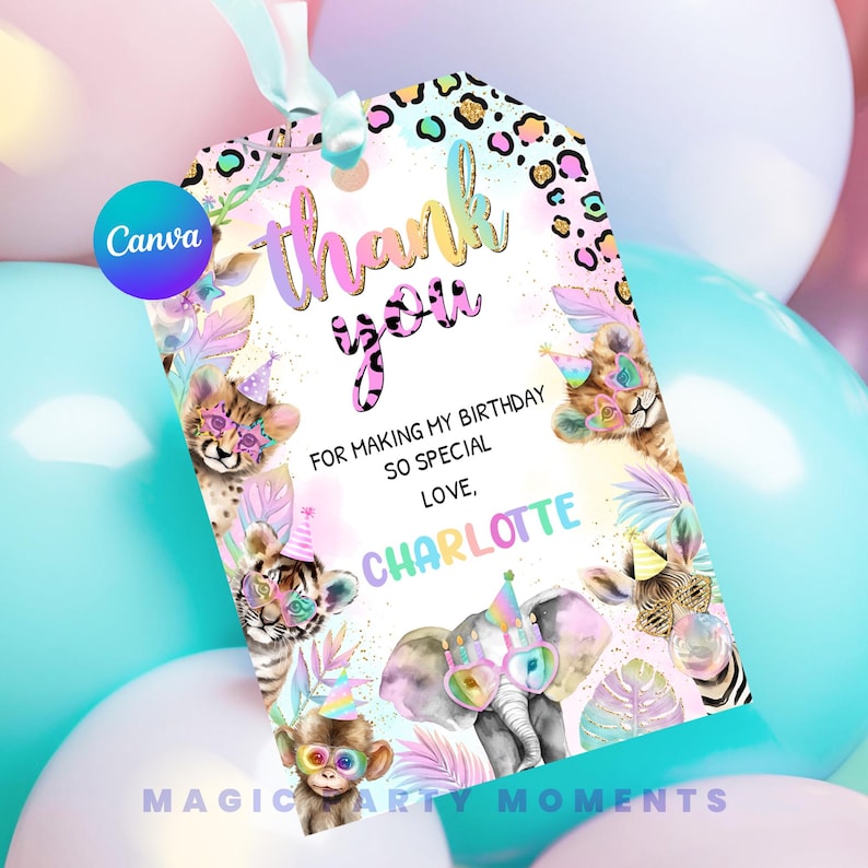 Editable Party Animals Favor Tags – Wild One Safari Zoo Girl Birthday ...