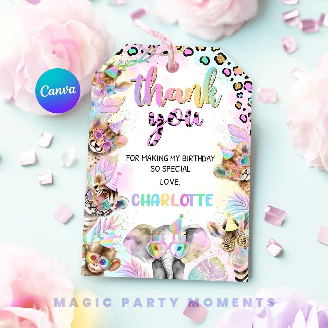 Editable Party Animals Favor Tags – Wild One Safari Zoo Girl Birthday ...