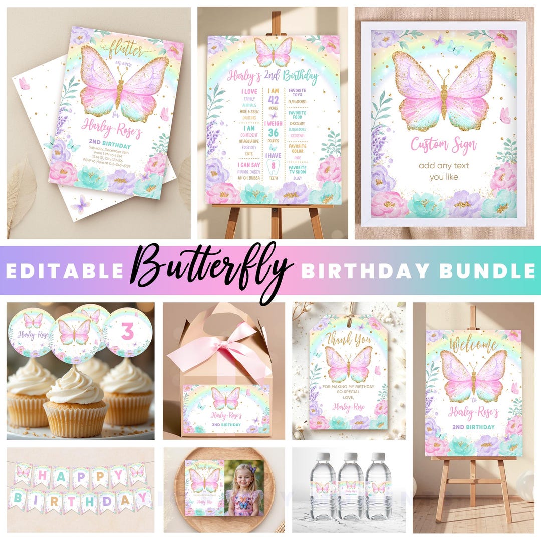 Editable Butterfly Birthday Bundle – Girl Birthday Invitation Set ...