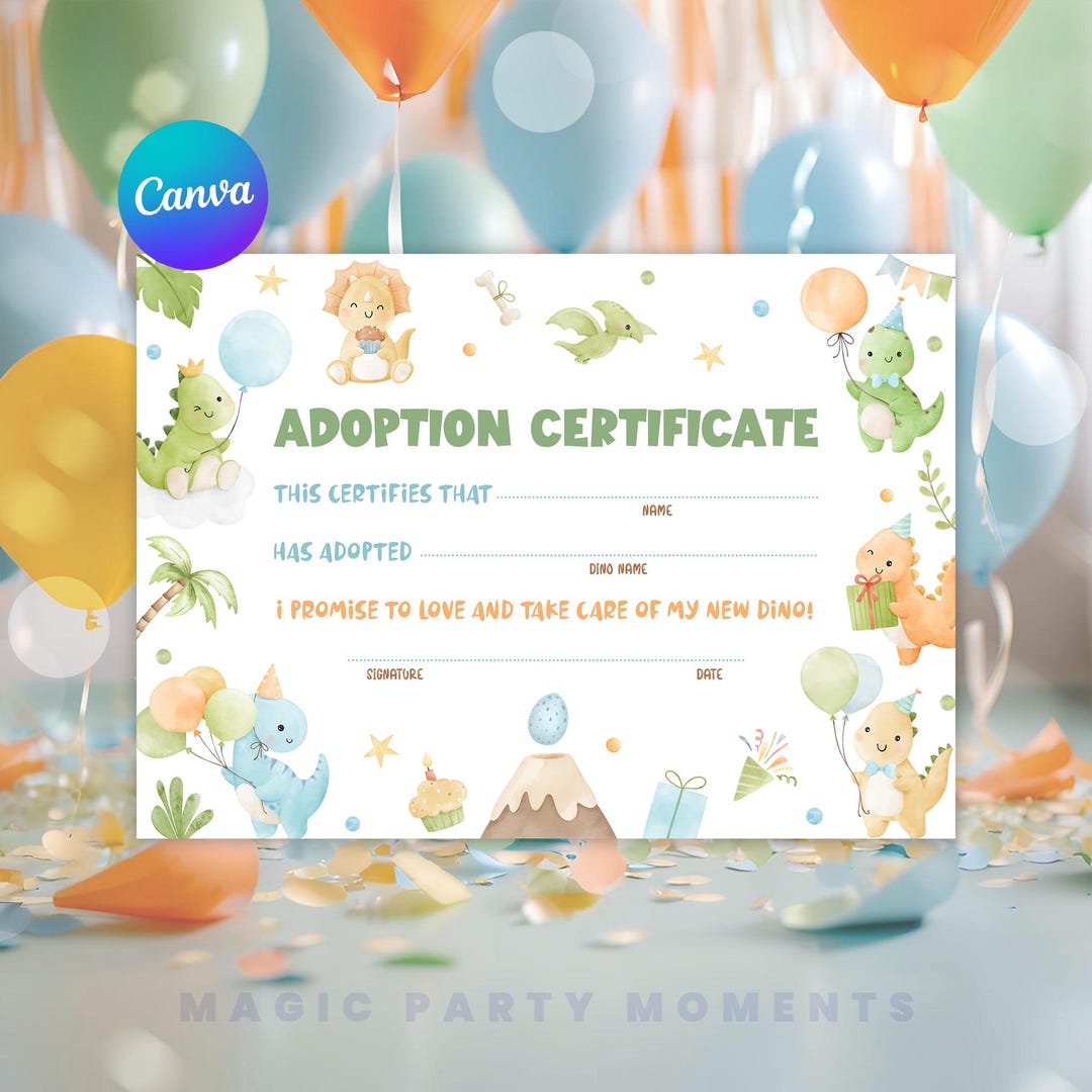 Adopt a Dinosaur Adoption Certificate Cute Dinosaurs Adoption Wild One ...