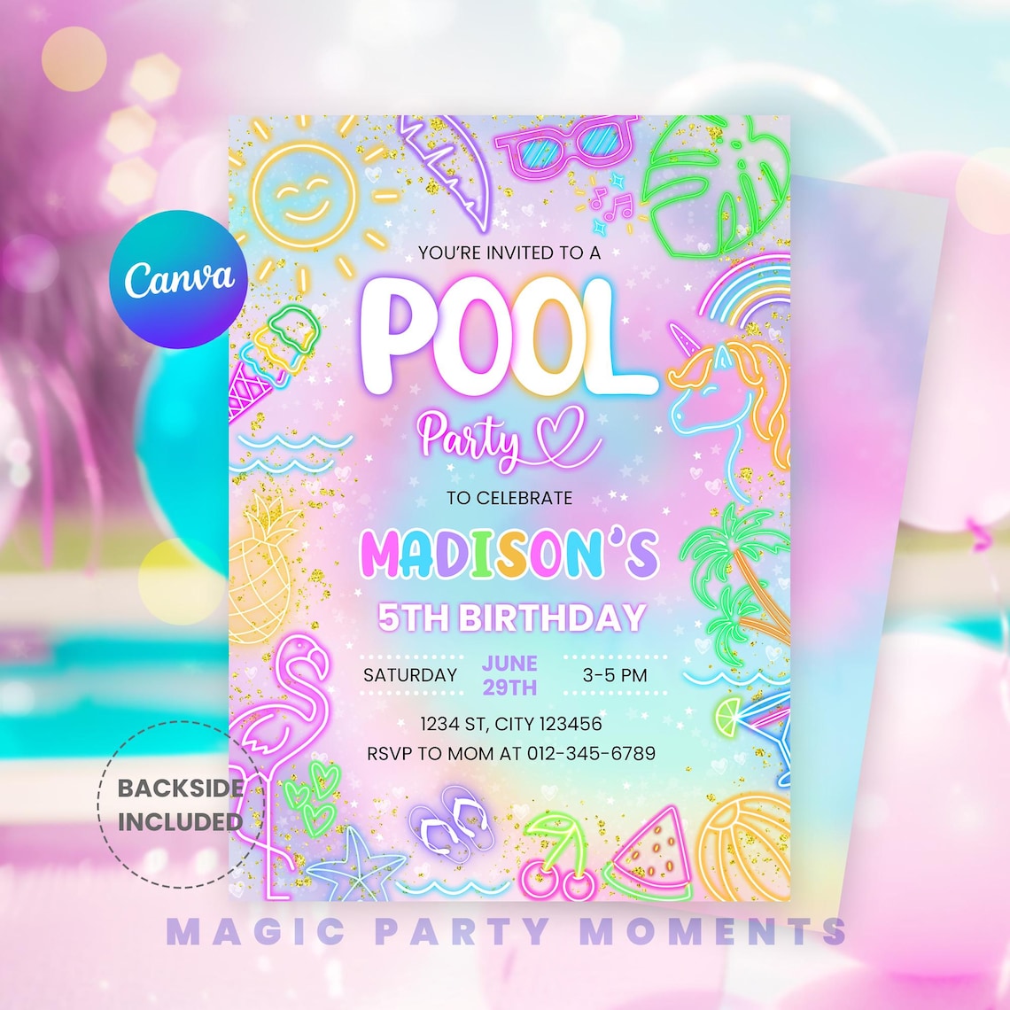 Neon Pool Party Birthday Invitation: Tie Dye, Editable (digital ...