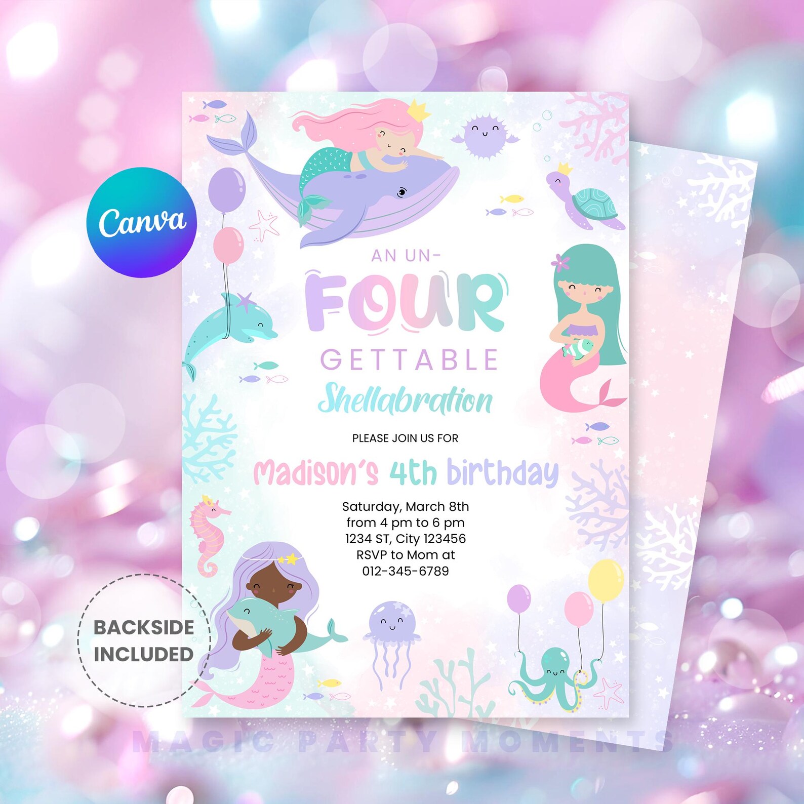 Editable Mermaid Birthday Invitation 4th Birthday Fourth Birthday Un ...