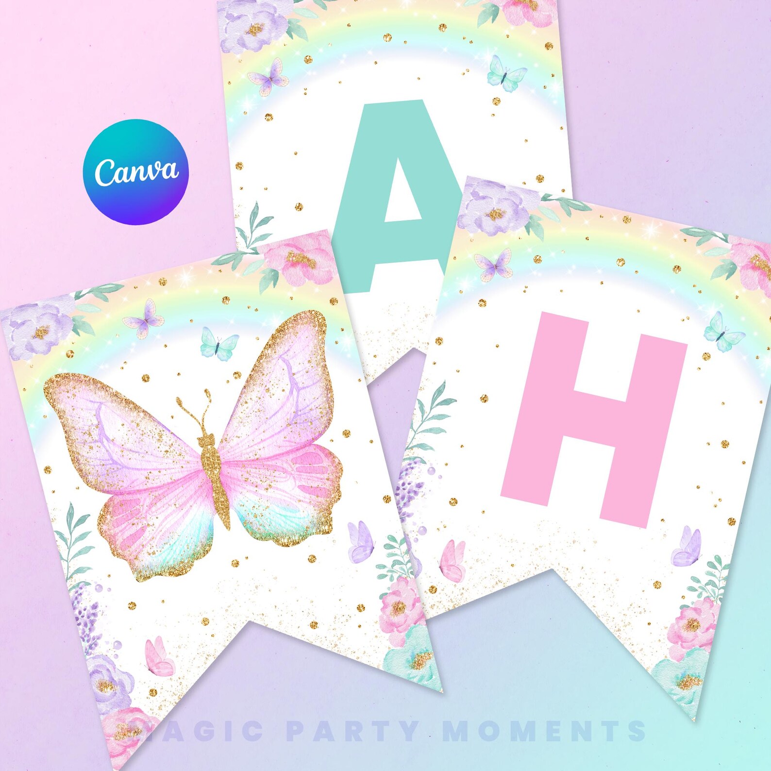 Editable Butterfly Birthday Banner: Floral Rainbow Design (digital ...
