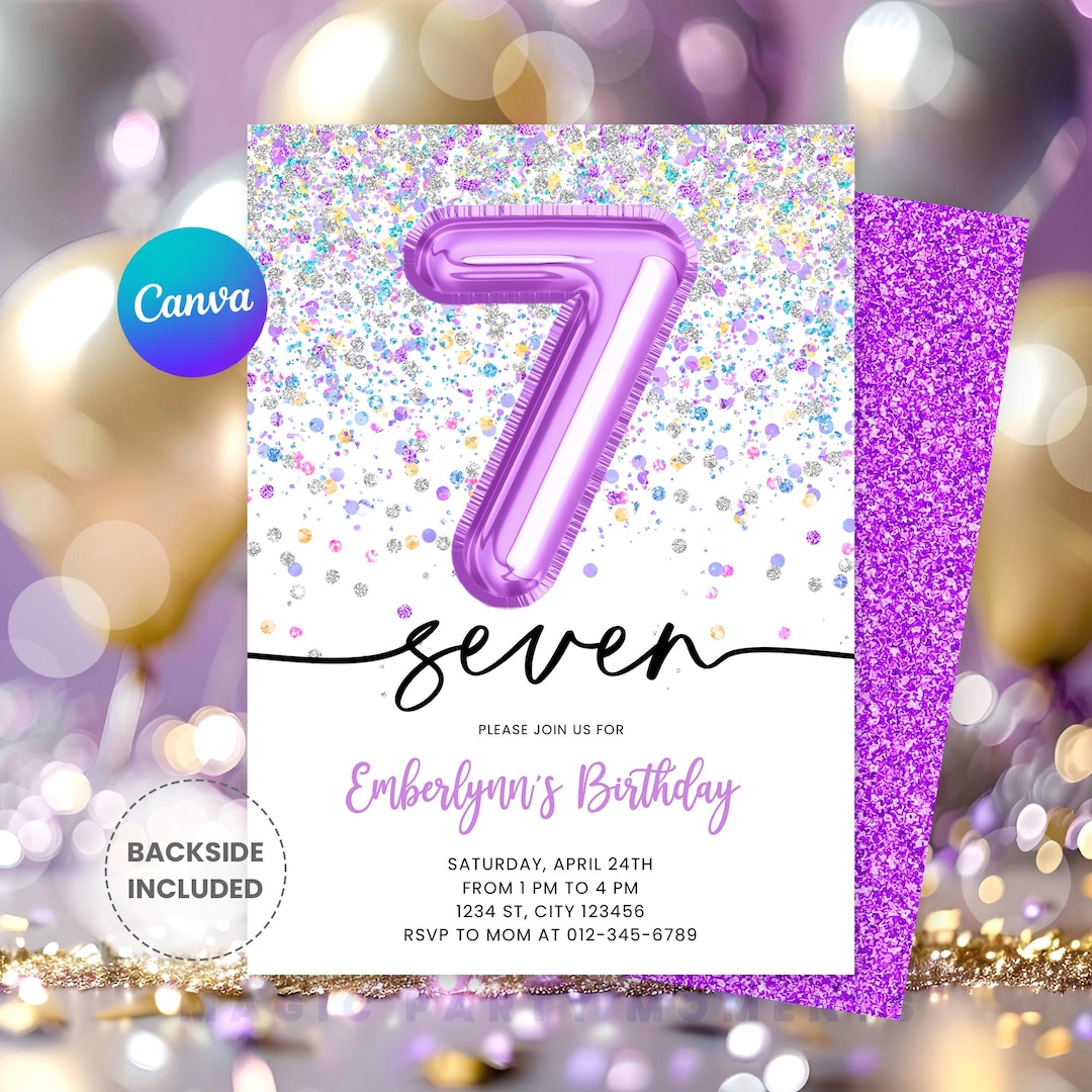 Editable 7th Birthday Invitation Template Glitter Birthday Invite ...