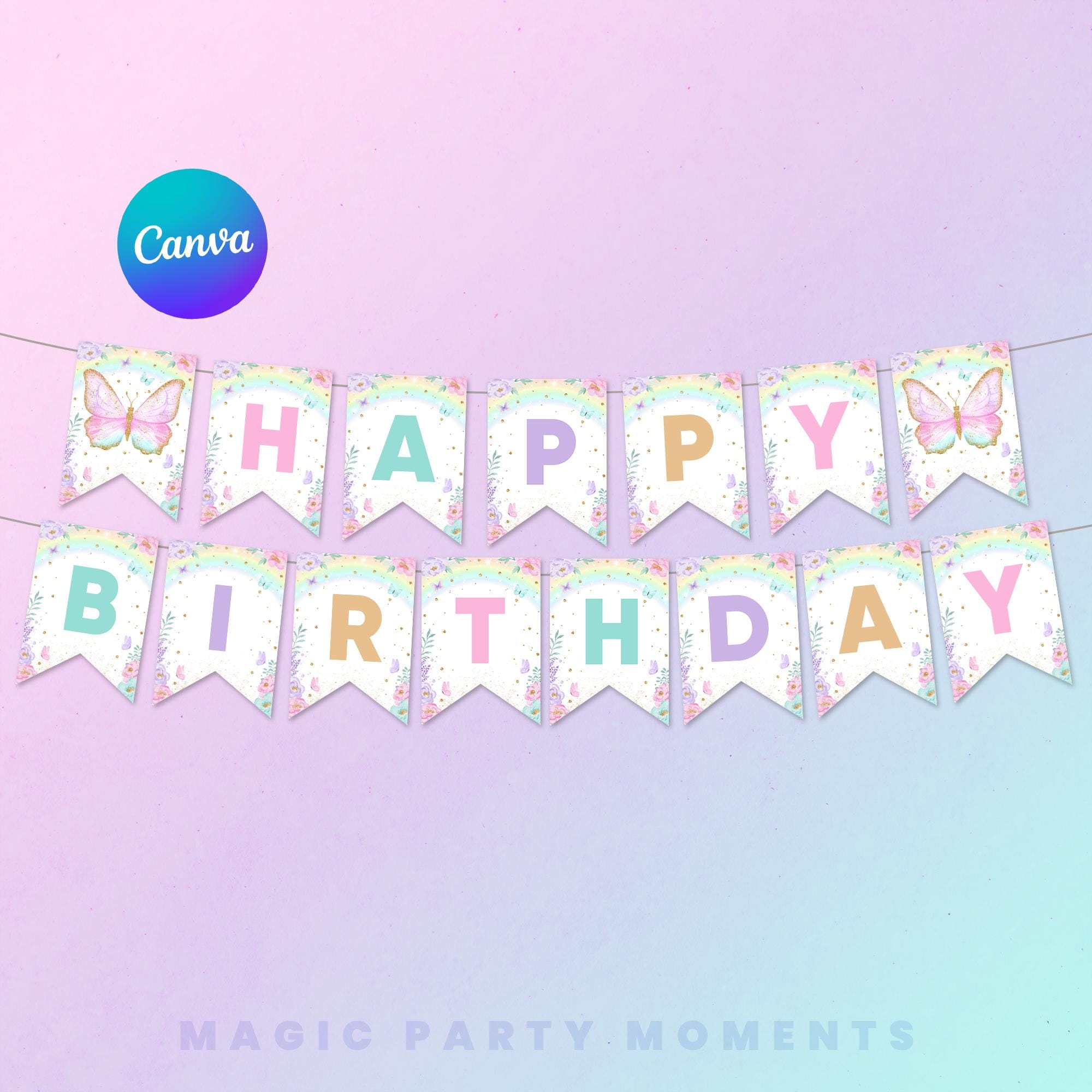 Editable Butterfly Birthday Banner: Floral Rainbow Design (digital ...
