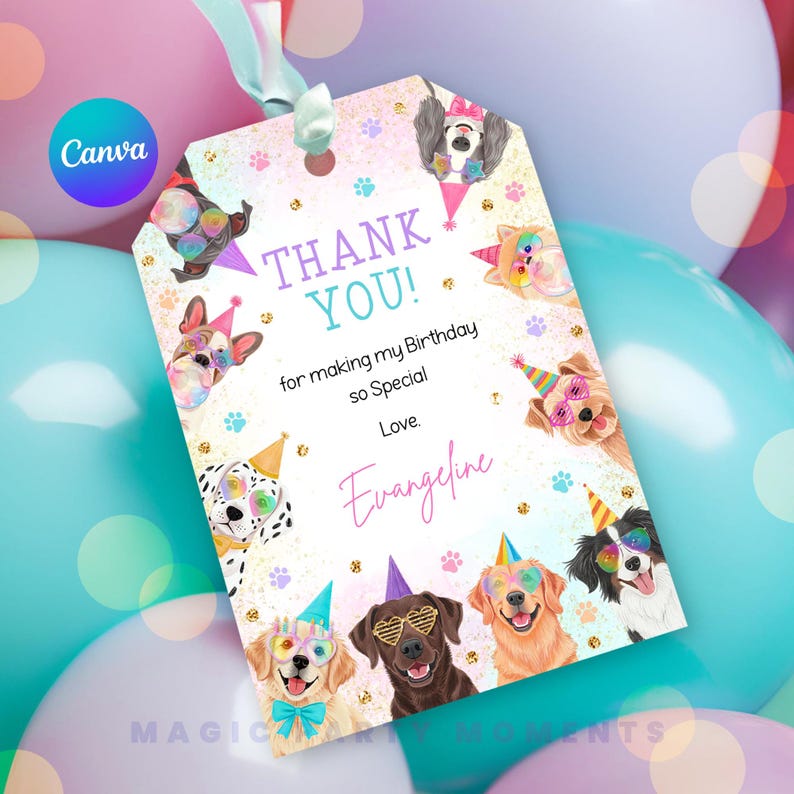Editable Dogs Favor Tag | Girl Puppy Birthday Thank You Tags | Pawty ...