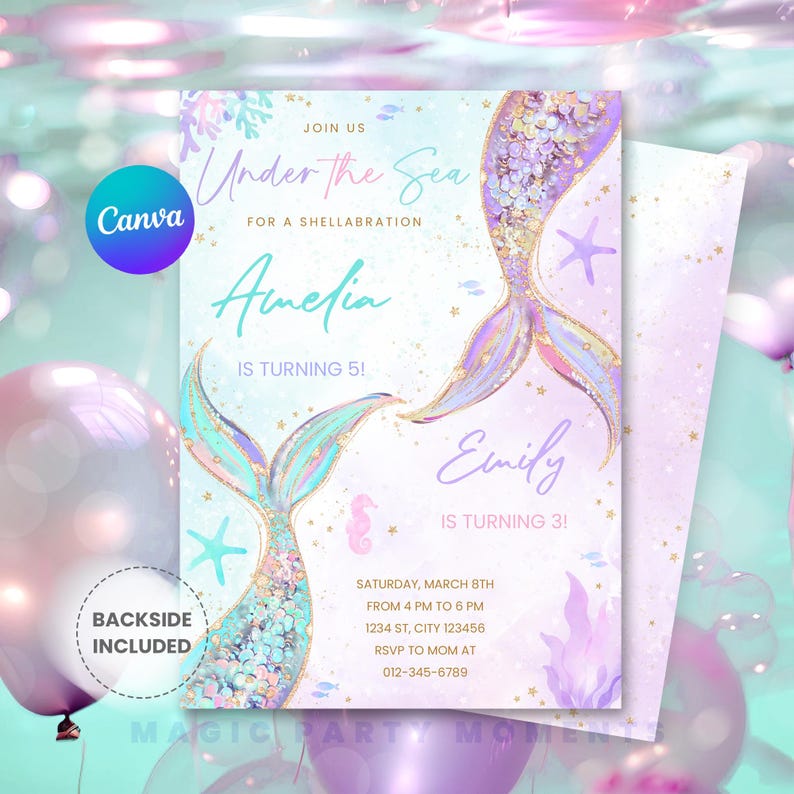 Editable Mermaid Joint Birthday Invitation – Under the Sea Double ...