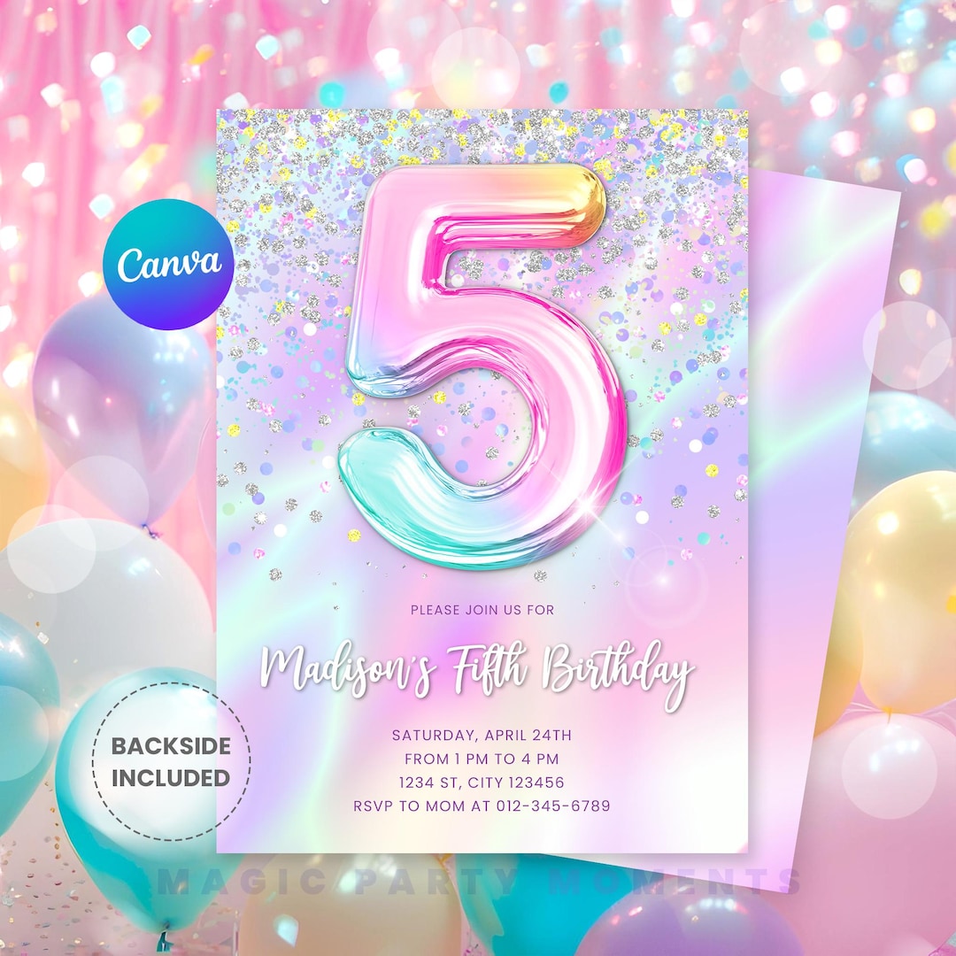 Editable Pink 5th Birthday Invitation – Glitter Rainbow Foil Girl ...