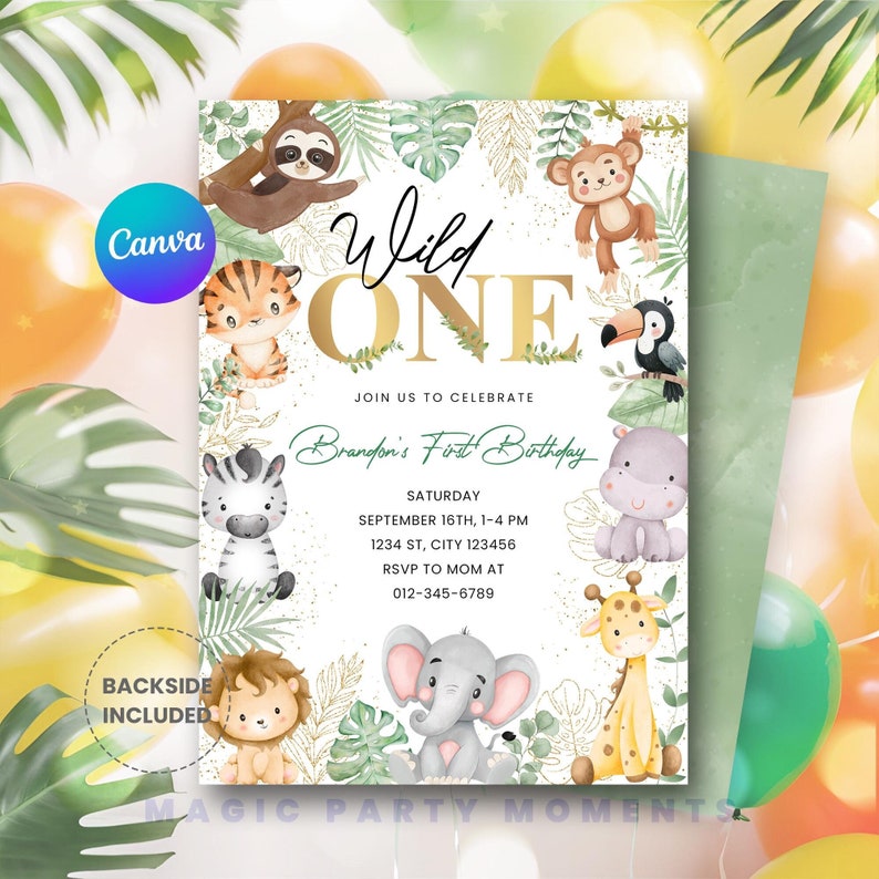 Safari First Birthday Invitation: Jungle Animals, Wild One (editable in ...