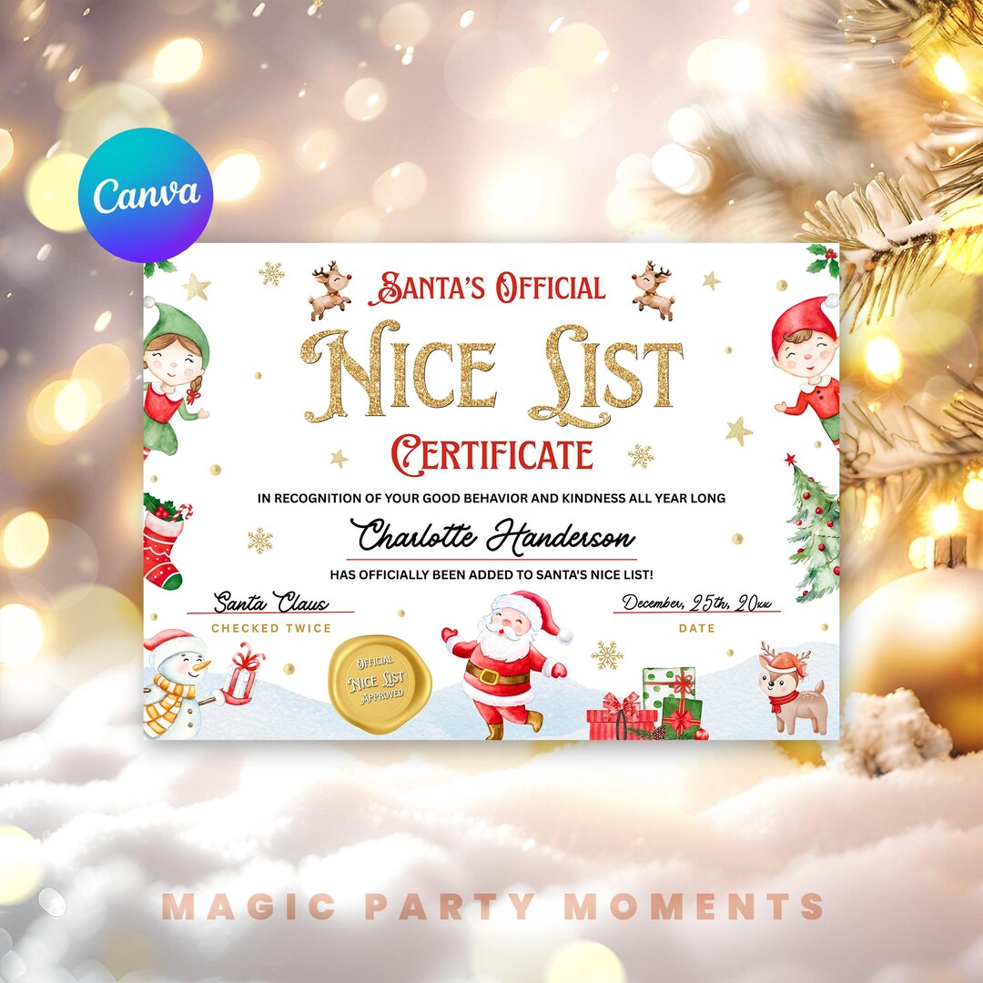 Editable Santa Claus Official Nice List Certificate Letter From Desk ...