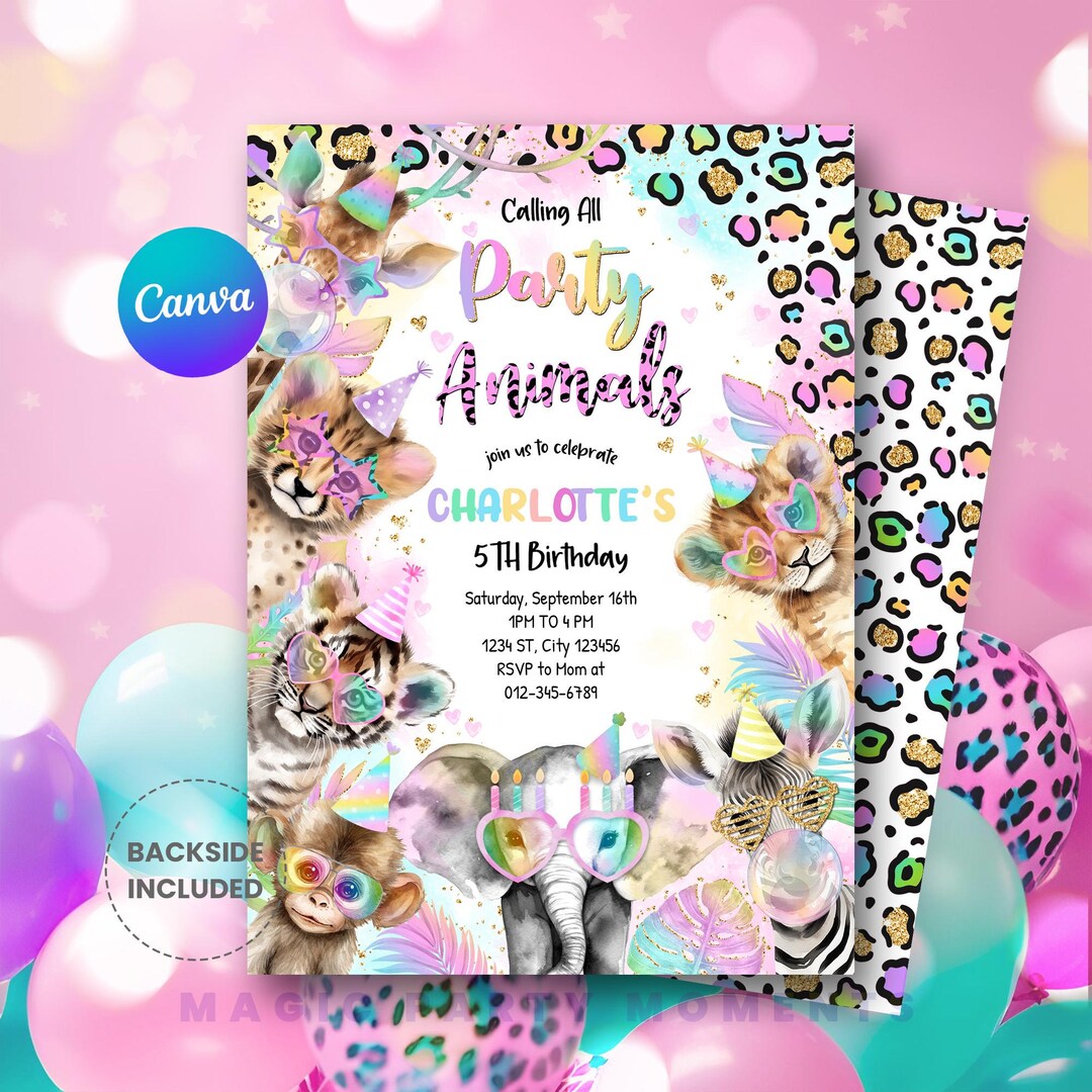 Editable Party Animals Birthday Invitation – Pastel Rainbow Safari ...