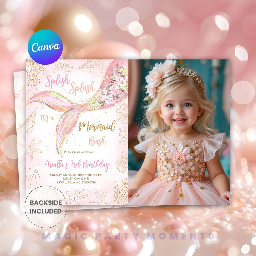 Editable Mermaid Birthday Photo Invitation, Mermaid Bash Under the Sea ...