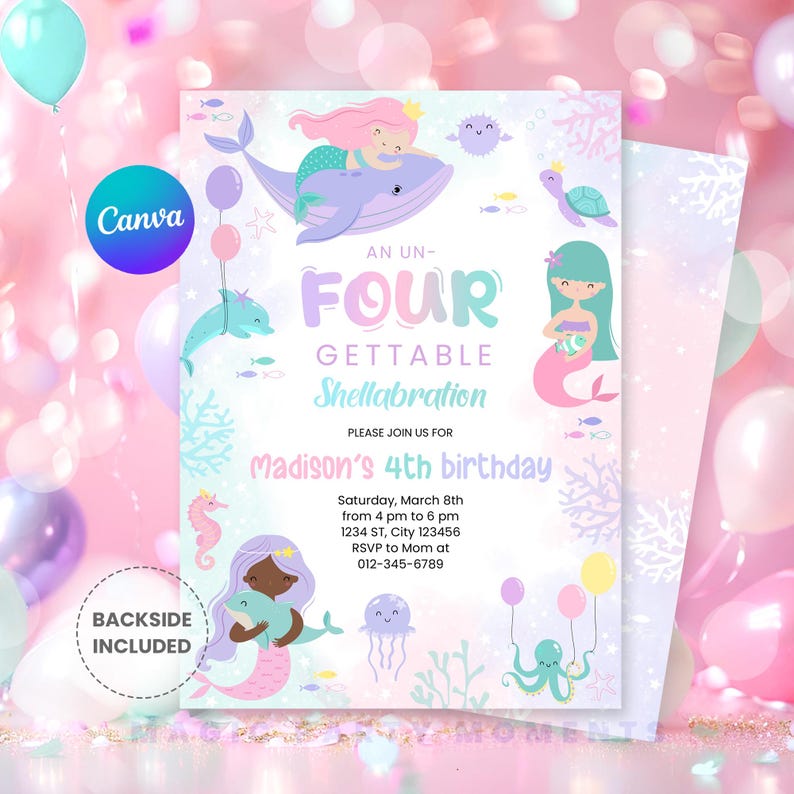 Editable Mermaid Birthday Invitation 4th Birthday Fourth Birthday Un ...