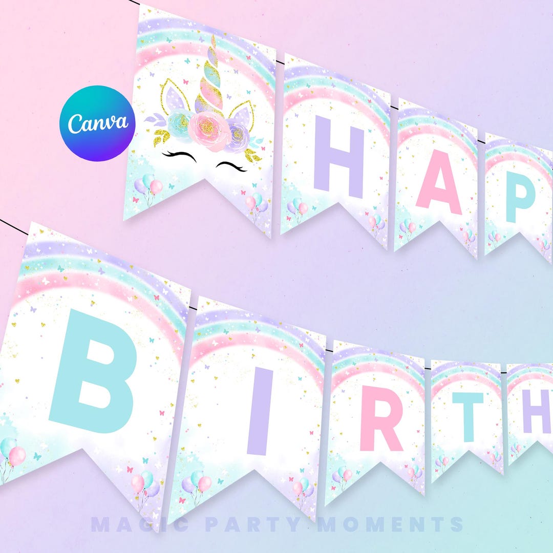 Editable Unicorn Birthday Banner: Pastel Rainbow Party Decor (instant ...
