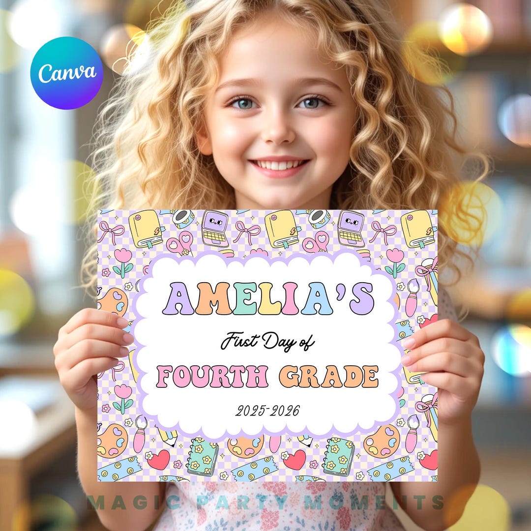 Editable First Day of School Sign: Girl Purple Poster 2025, Any Grade ...