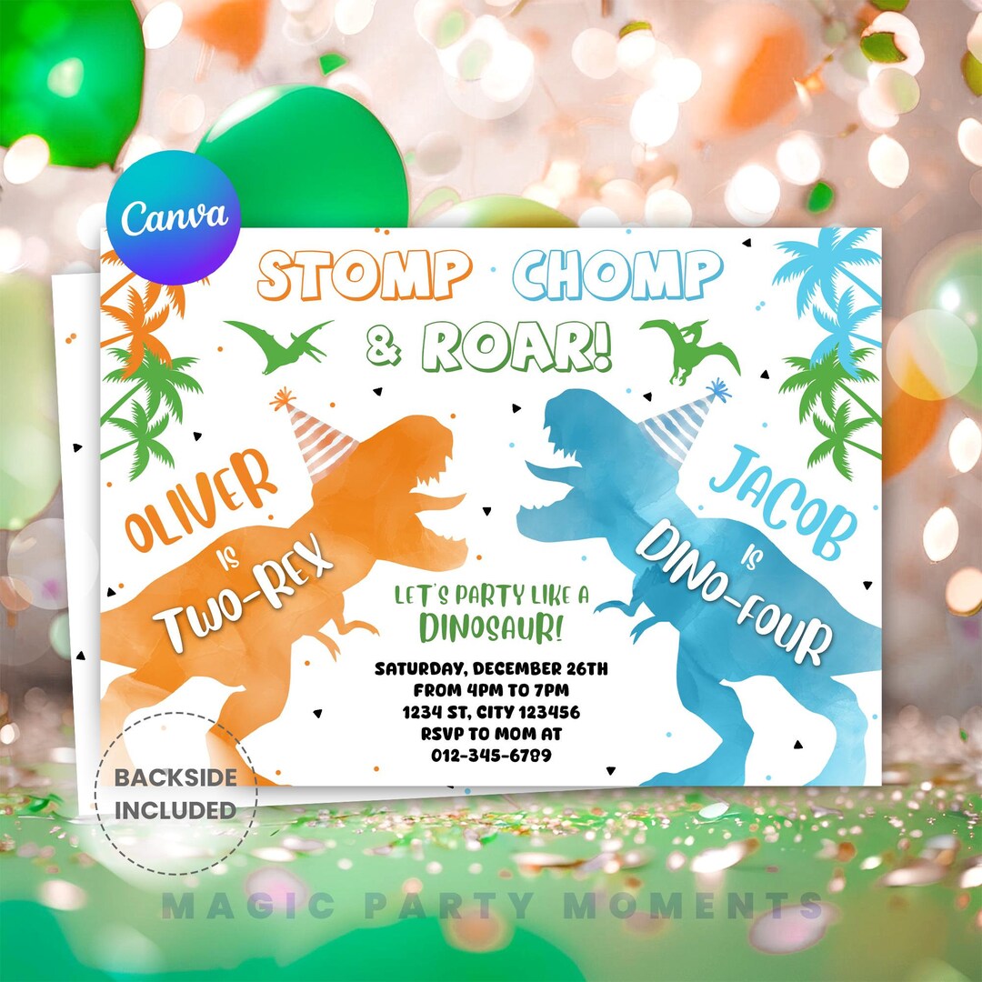 EDITABLE Dinosaur Double Birthday Party Invitation Boy Girl Twins Dino ...