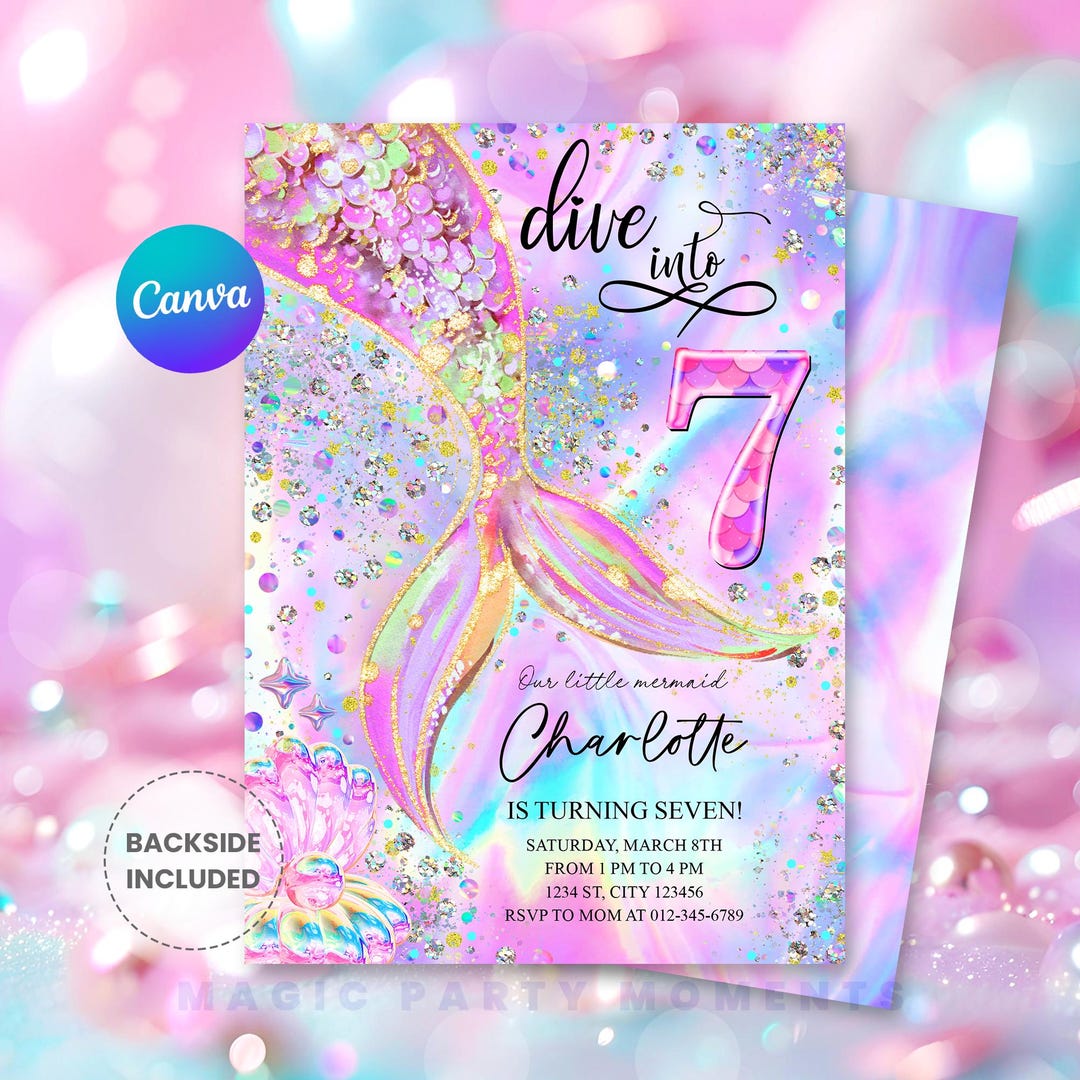 Editable Dive Into Seven 7th Birthday Mermaid Invitation – Pink Purple ...