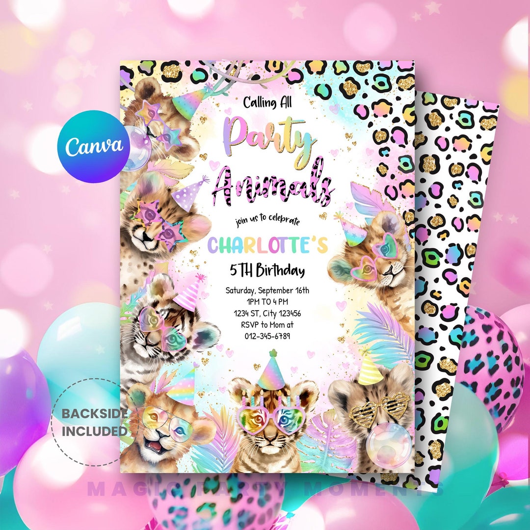 Editable Party Animals Birthday Invitation Big Cat Safari Animals ...