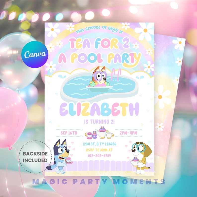 Editable Bluey Tea Party Invitation Bluey Pool Party Invitation Bluey ...