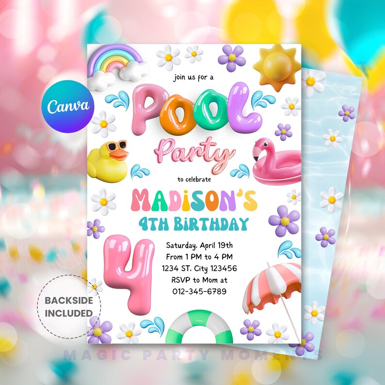 Editable Pool Party Invitation, 3D Summer Swimming Birthday Invite, Printable 4th Birthday Pool ...