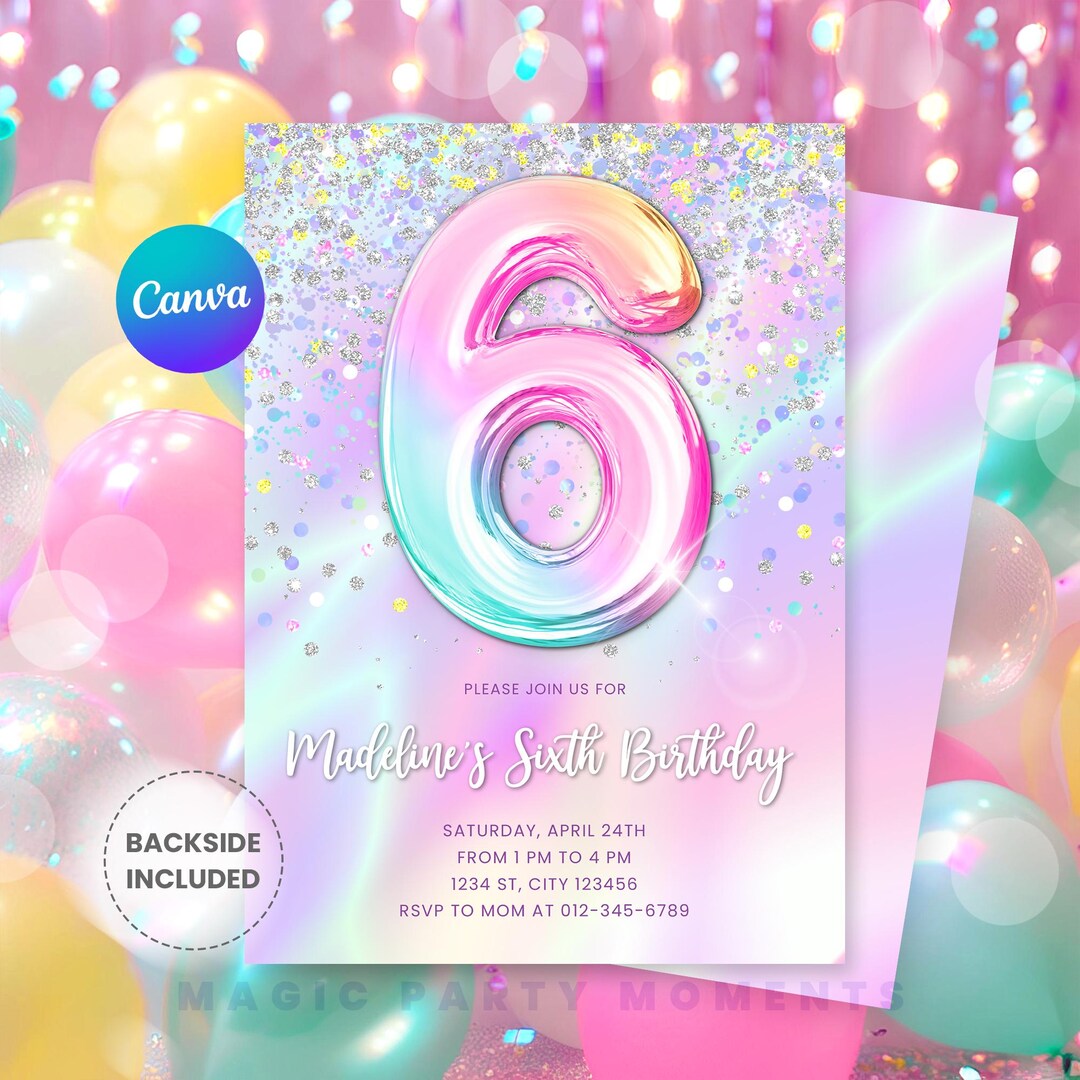 Editable Pink 6th Birthday Invitation – Glitter Rainbow Foil Girl ...
