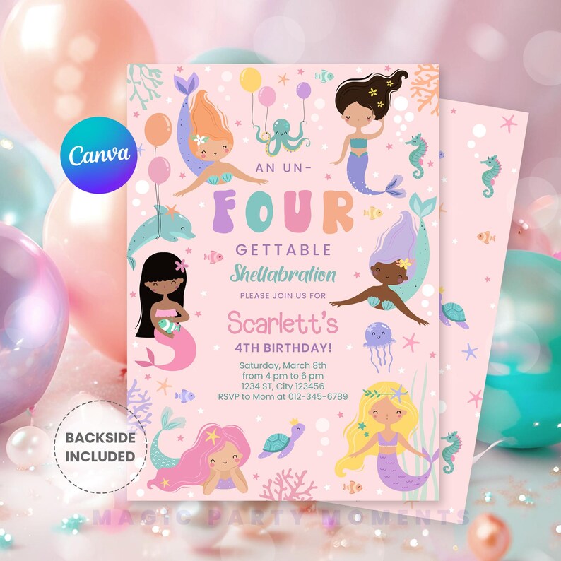 Editable Mermaid 4th Birthday Invitation: Pink Under the Sea (digital ...