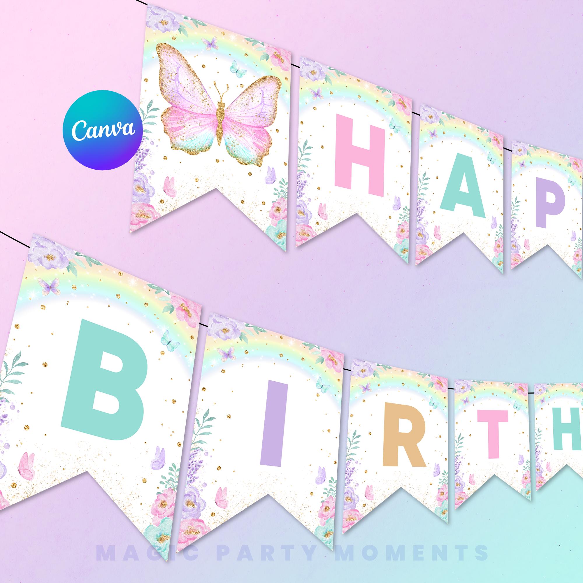 Editable Butterfly Birthday Banner: Floral Rainbow Design (digital ...