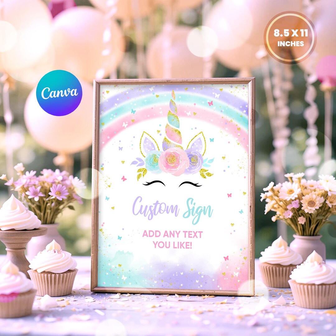 Editable Unicorn Birthday Custom Sign – Magical Pastel Rainbow ...