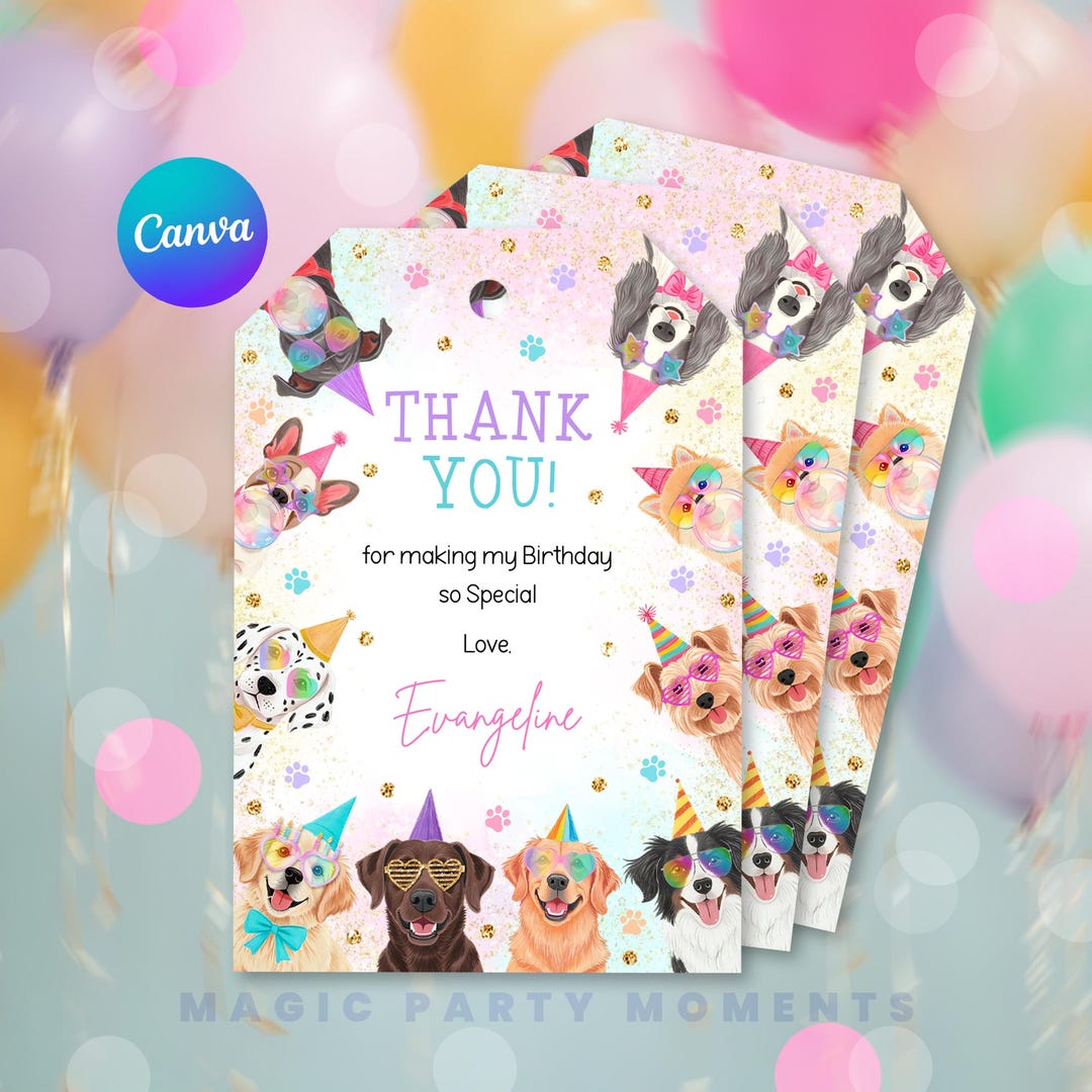 Editable Dogs Favor Tag | Girl Puppy Birthday Thank You Tags | Pawty ...