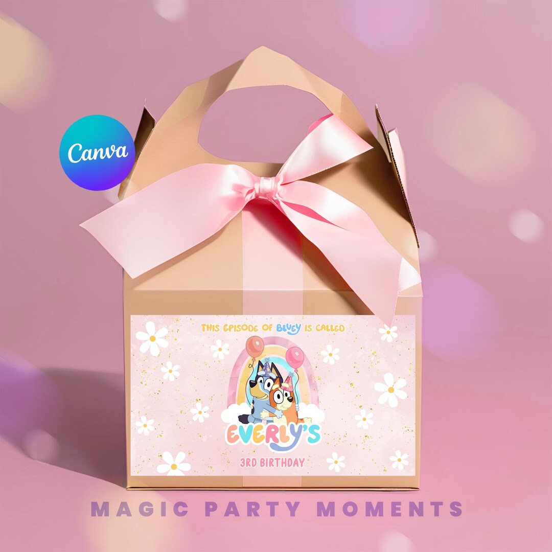 Editable Bluey Gable Box Favor Label for Girl Bluey Party Favor Box ...