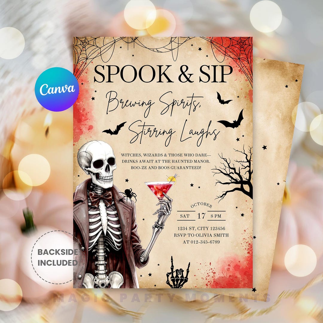 Editable Adult Halloween Spook and Sips Invitation – Skeleton Cocktails ...